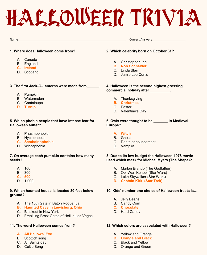 Halloween Trivia Questions And Answers Free Printable FREE Printable A Z