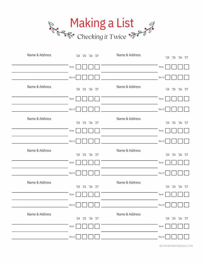 Christmas Address List Template - FREE Printable A-Z