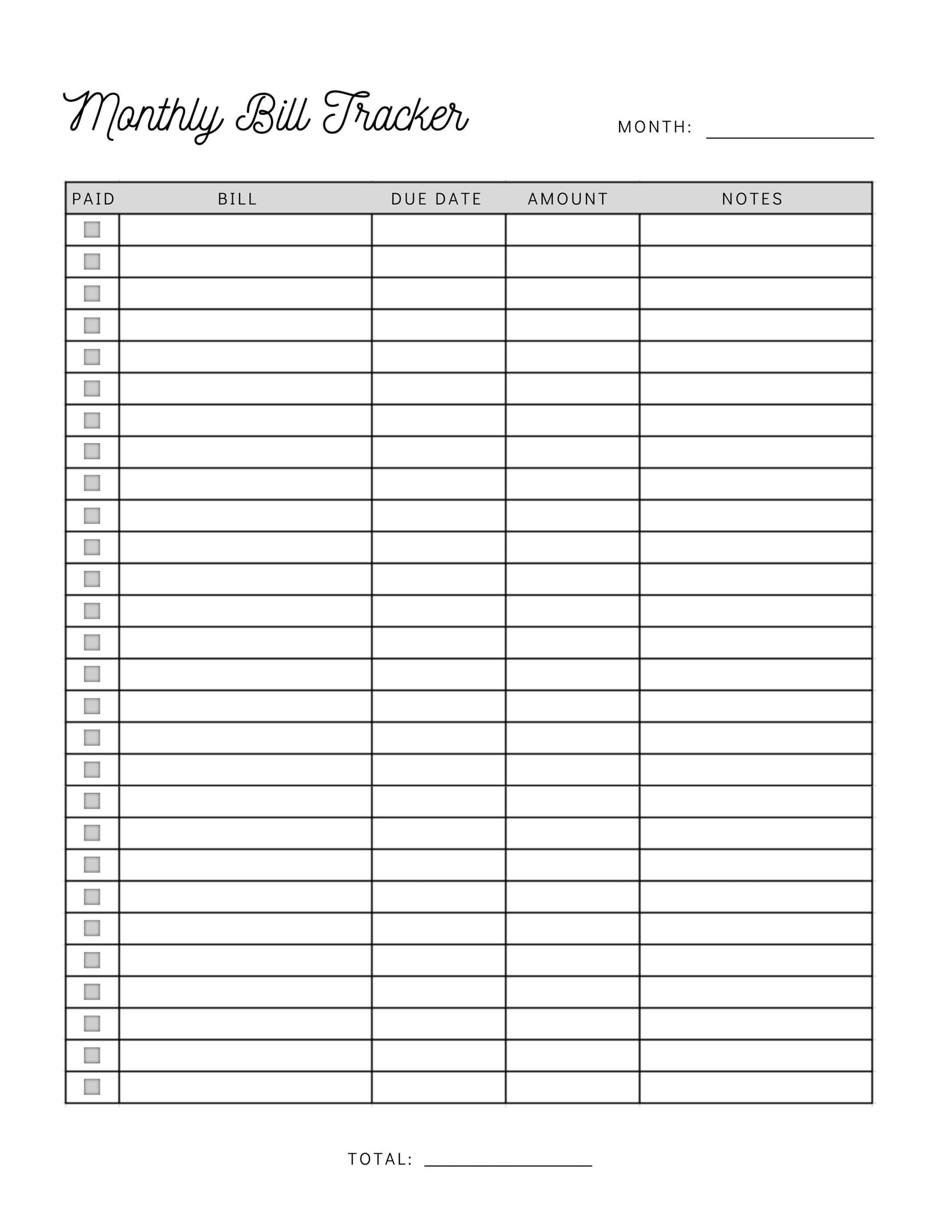 Printable Monthly Bill Tracker Template - FREE Printable A-Z