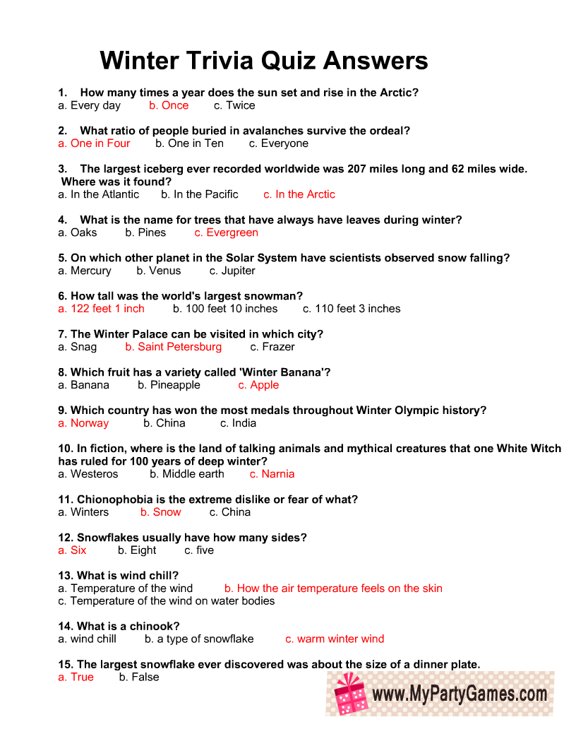 General Knowledge Winter Trivia Questions and Answers Printable - FREE ...